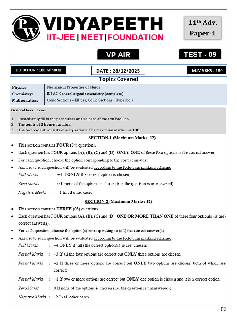 VP AIR_Weekly Test-09_Class-11th_JEE Adv._(28-12-2025)_Q | PDF | Ellipse