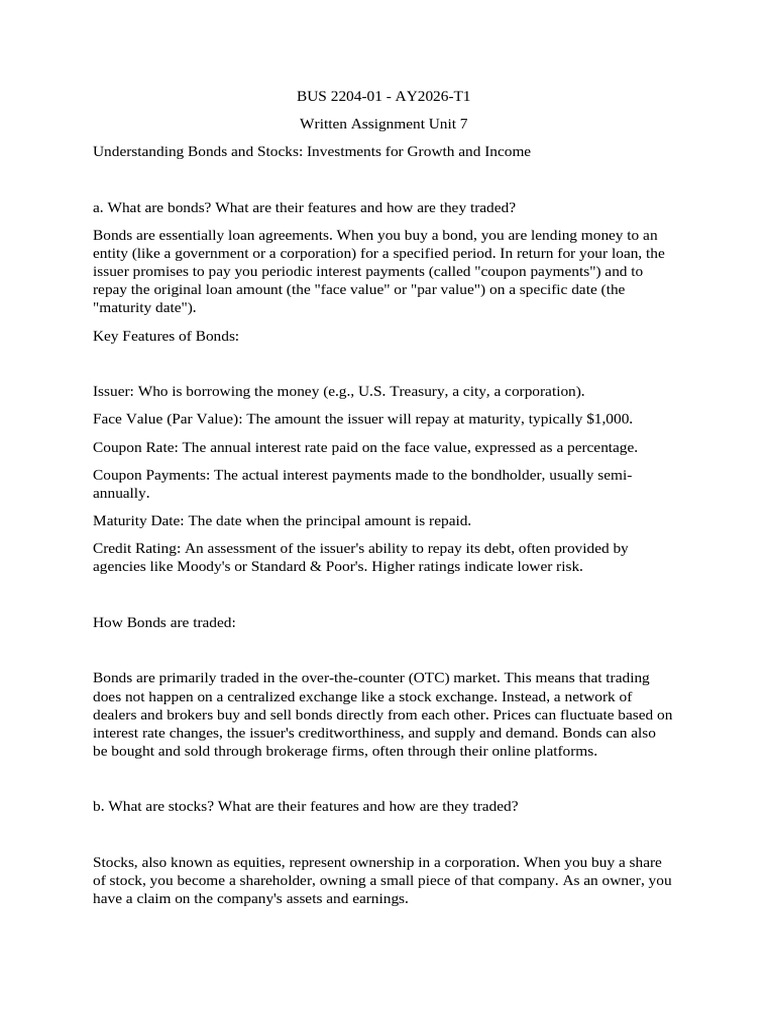 BUS 2204 Written Assignment Unit 7 | PDF | Bonds (Finance) | Stocks