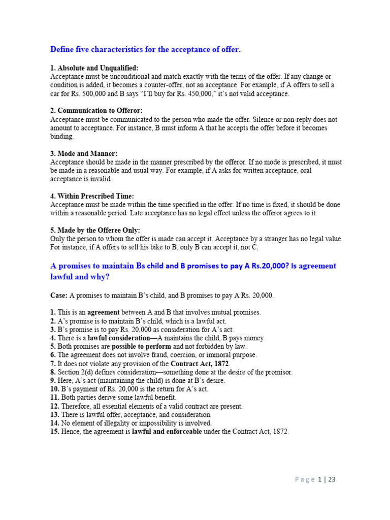 Contract Act (Past Papers Q & a) Document 1 | PDF | Guarantee | Offer ...