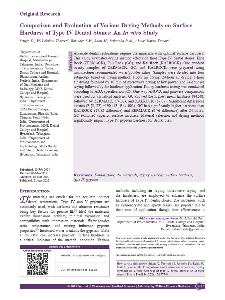 Effects of Drying Methods on Dental Stone Hardness | PDF | Scientific ...