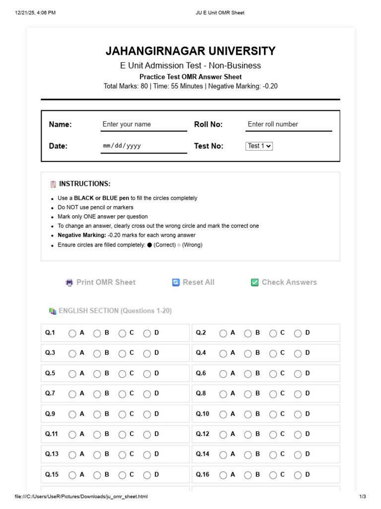 JU E Unit OMR Sheet | PDF | Tests