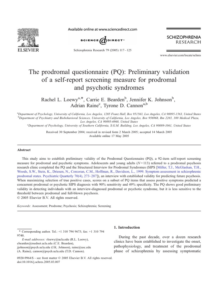 Prodromal Questionnaire Validation Study | PDF | Receiver Operating ...