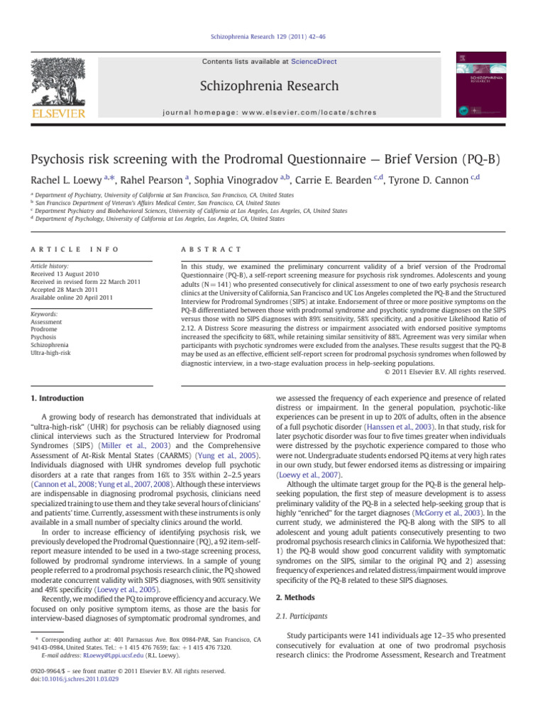 Loewy et al. (2011). Psychosis risk screening with the Prodromal ...