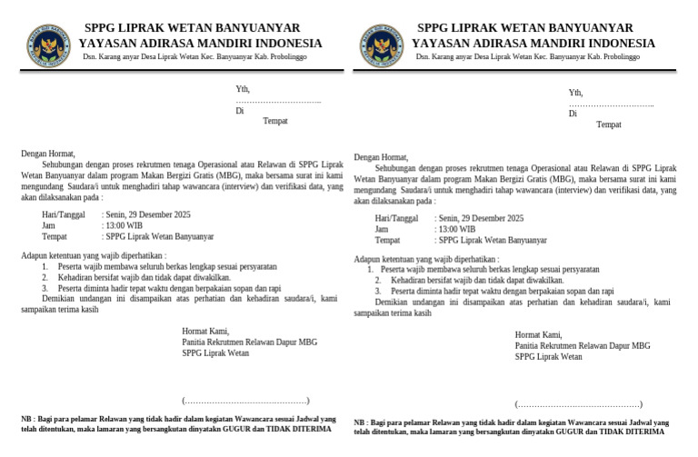 Undangan Wawancara Relawan MBG 2025 | PDF