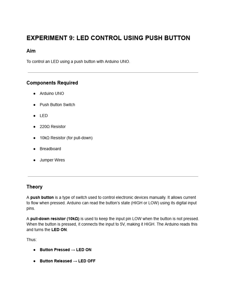 Experiment 9 - Led Control Using Push Button | PDF