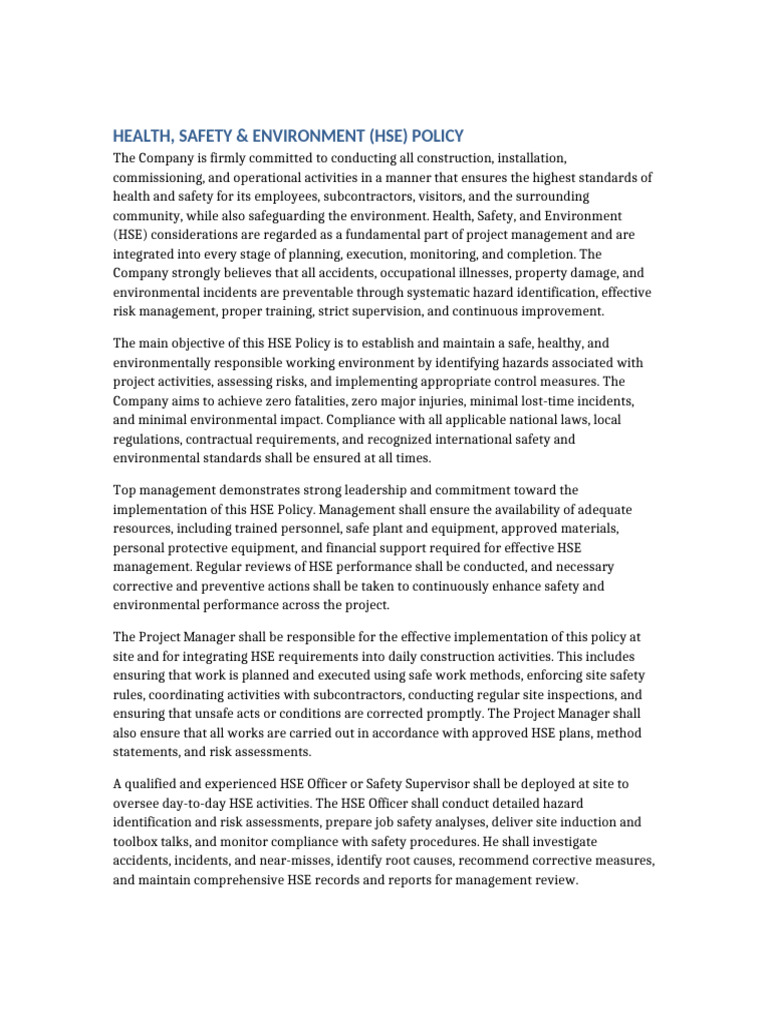 Detailed HSE Policy Paragraph | PDF | Safety | Occupational Safety And ...