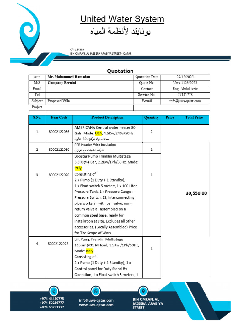 Villa Water System Quotation Qatar | PDF | Mechanical Engineering | Gas ...
