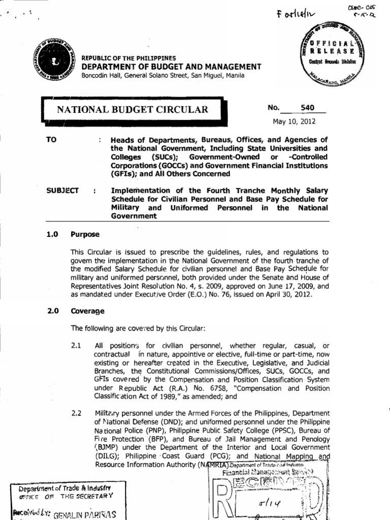 Dbm National Budget Circular No 540 Series of 2012 | Inspector | Sergeant