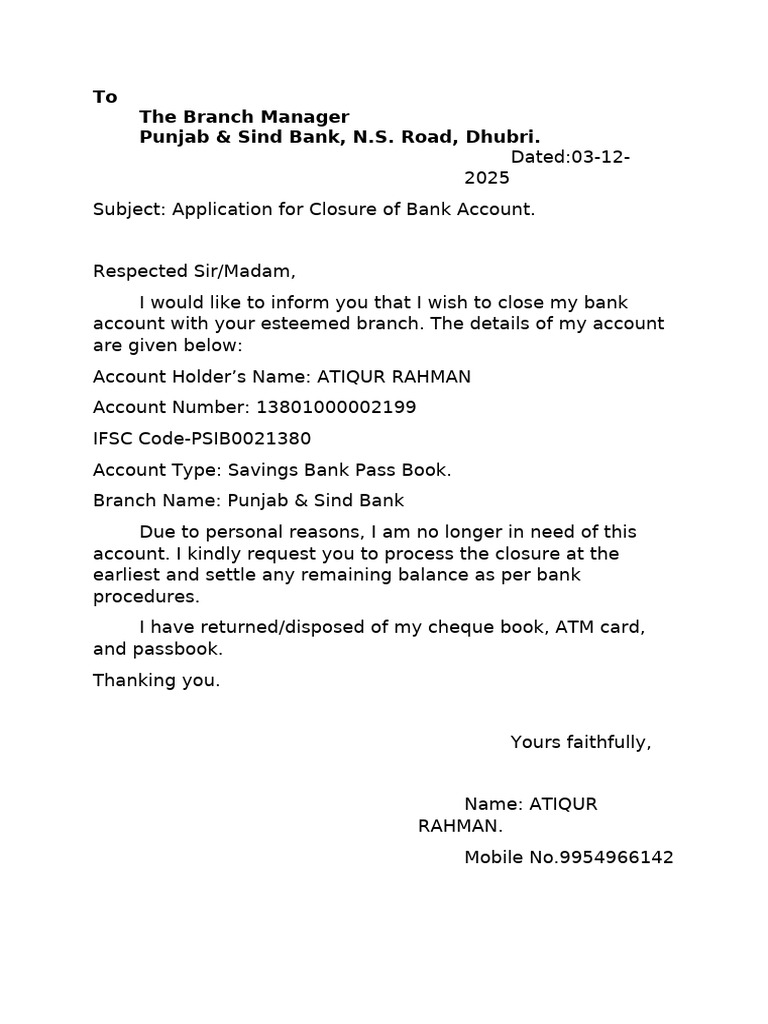Bank Account Closure Application | PDF
