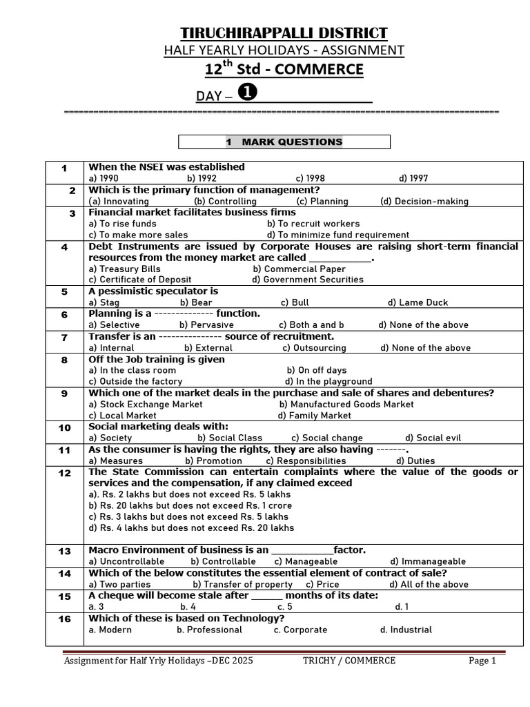 12th Std Commerce Half Yearly Assignment | PDF | Marketing | Taxes