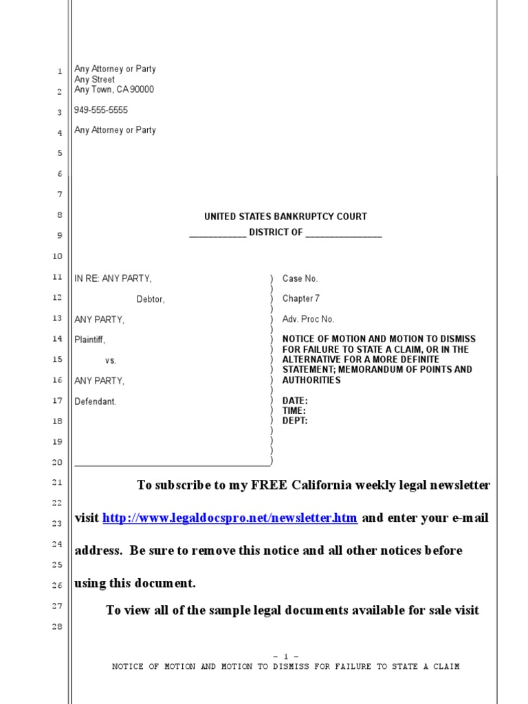 Sample Motion To Dismiss Adversary Complaint Objecting To Discharge Under Section 727 | PDF ...