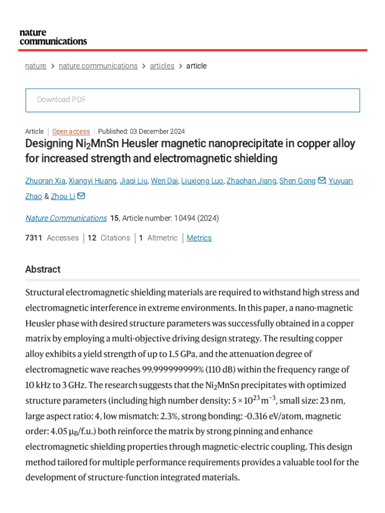 Designing Ni2MnSn Heusler Magnetic Nanoprecipitate in Copper Alloy for ...