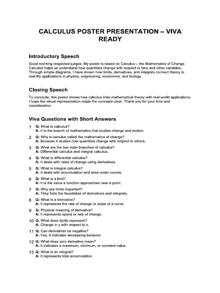 Calculus Poster Full Viva With Answers | PDF