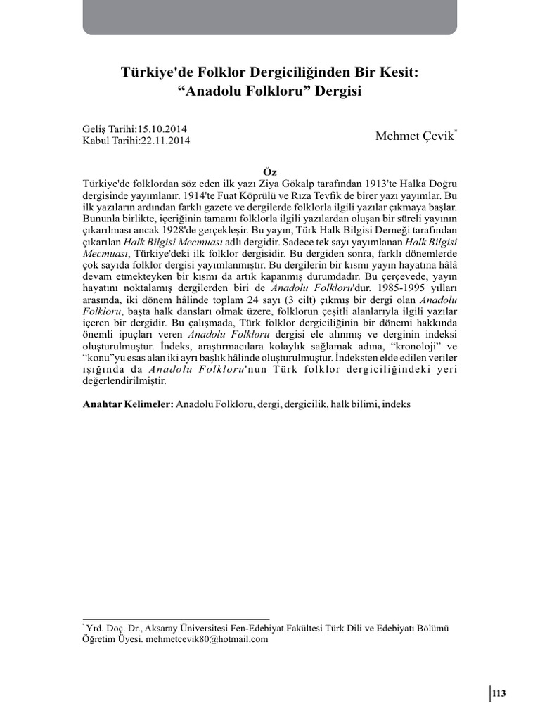 Mehmet Çevik - Anadolu Folkloru Dergisi | PDF