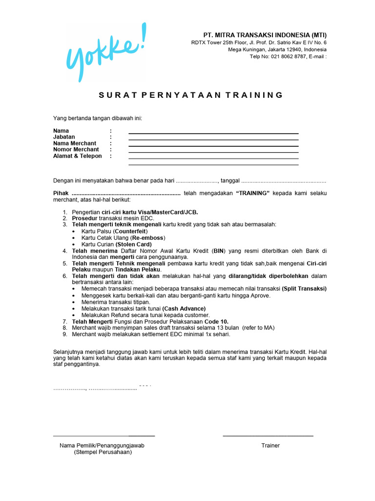 Surat Pernyataan Training Merchant EDC | PDF