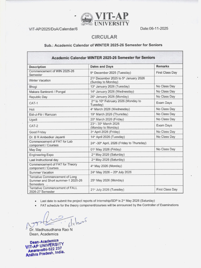 Academic Calendar of WINTER 2025-26 Semester For Seniors | PDF