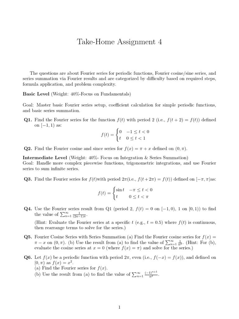 Fourier Series Assignment: Levels & Problems | PDF | Fourier Series ...