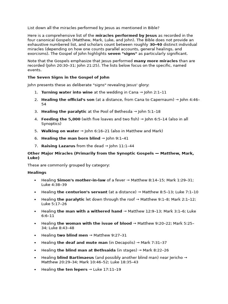 List of Miracles Performed by Jesus as Mentioned in Bible | PDF ...