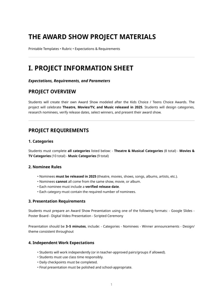 Award Show Project Guidelines 2025 | PDF