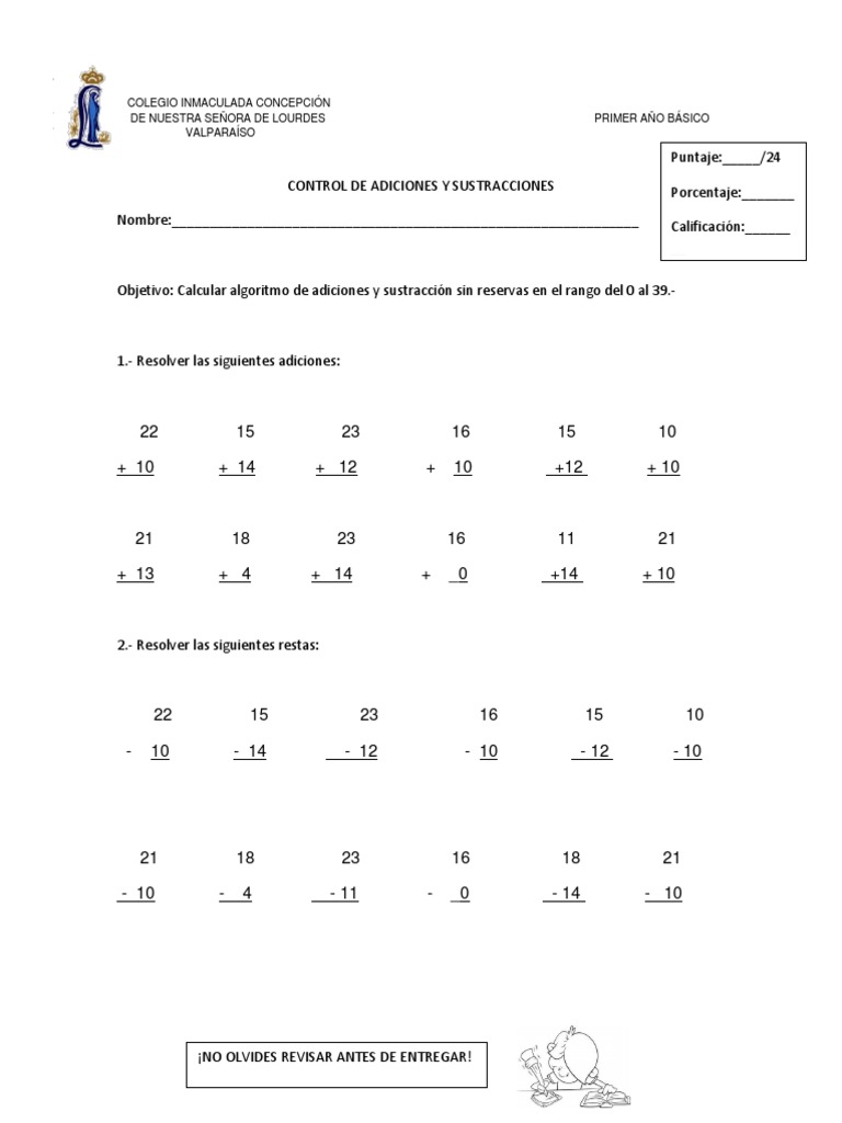 Prueba de Sumas y Restas | PDF