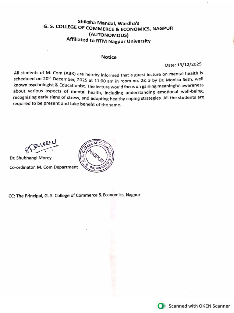 Notice- Guest Lecture on Mental Health | PDF