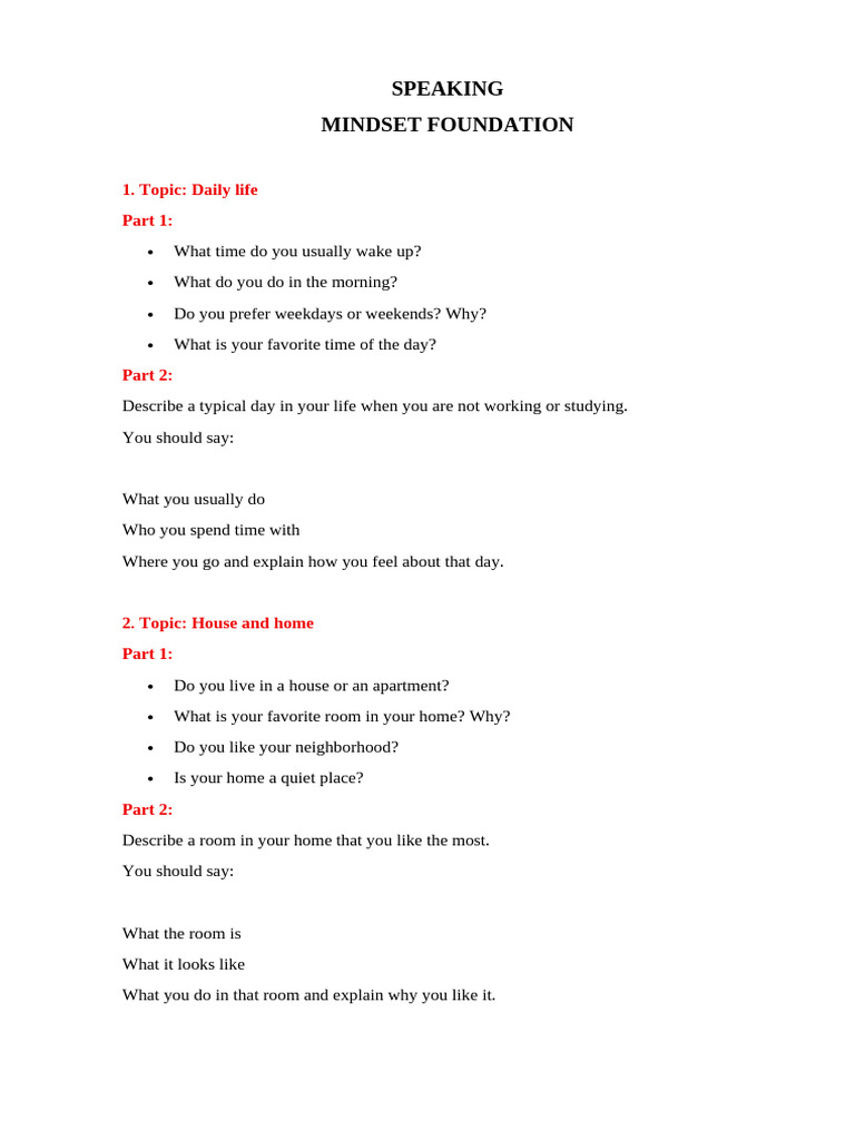 Speaking Test - Grade 7 - Mindset | PDF | Hobbies