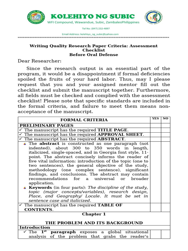 Research Paper Quality Assessment Checklist | PDF | Abstract (Summary ...