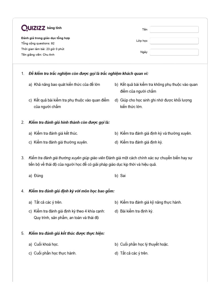 Đánh giá trong giáo dục tổng hợp _ Quizizz | PDF