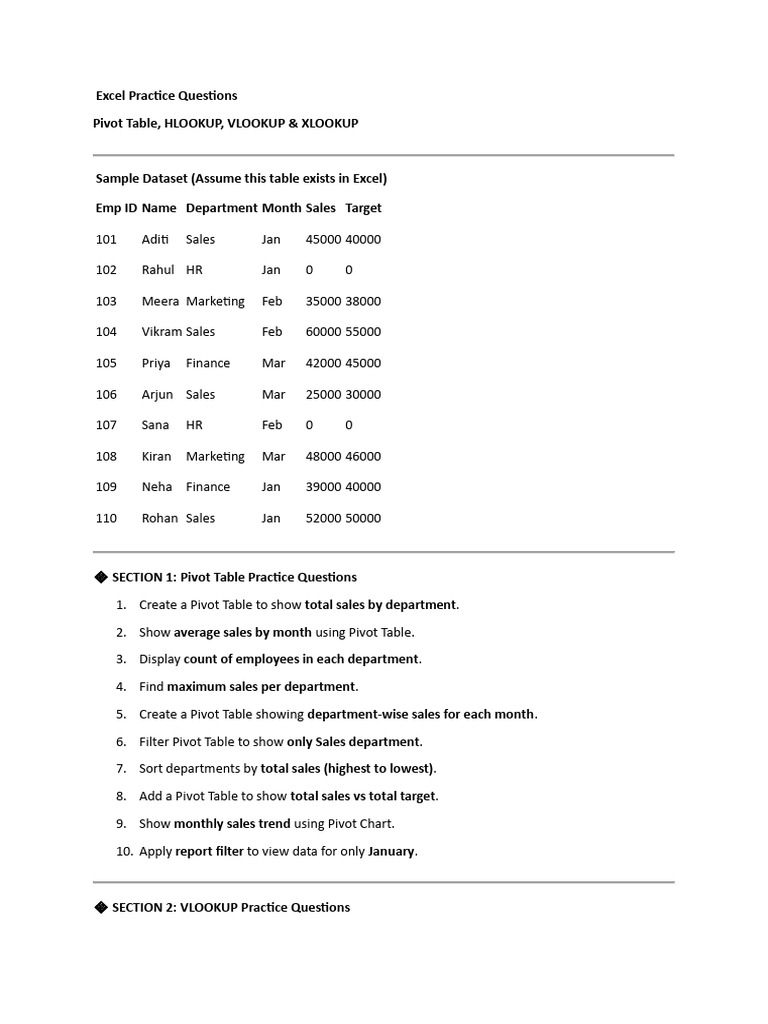 Excel Practice Questions About Pivot Table, Lookups | PDF