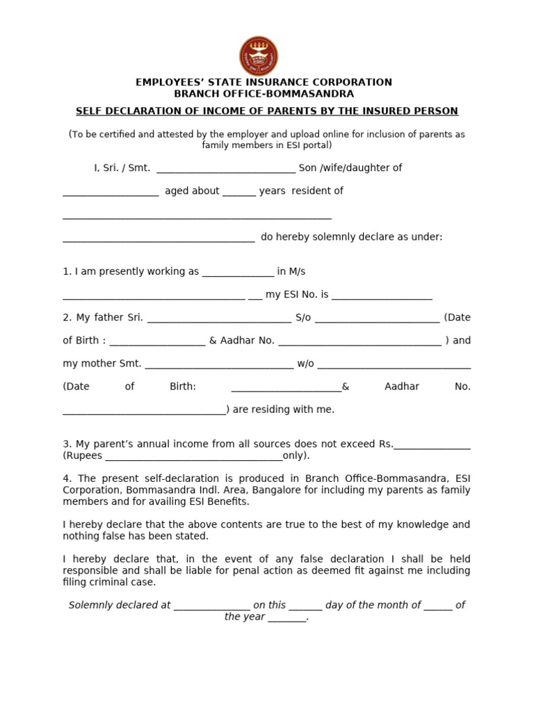 ESI Parent Income Self-Declaration Form | PDF