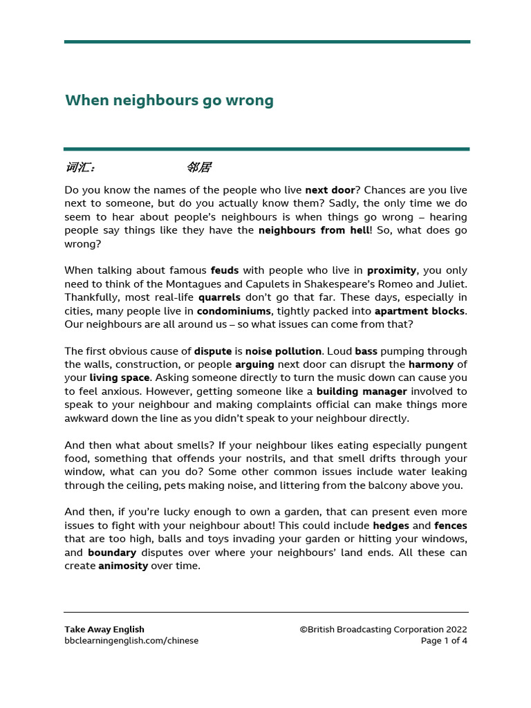 Reading Bbc Neighbours Day 1 | PDF