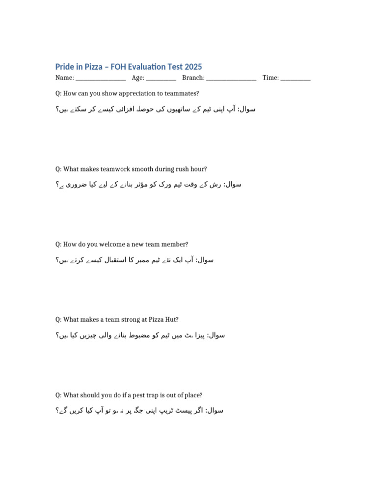 Pride in Pizza FOH Evaluation Test 2025 (1) | PDF