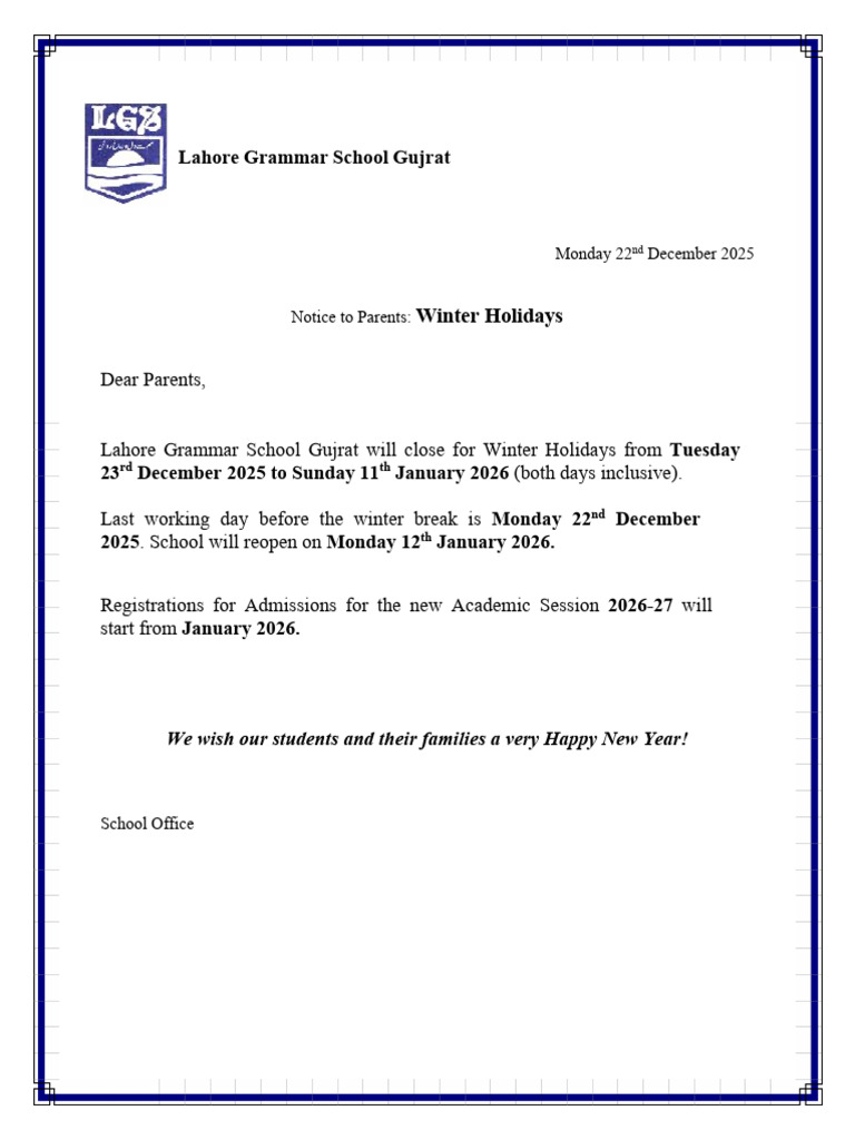Winter Break Notice O Level 2025 | PDF