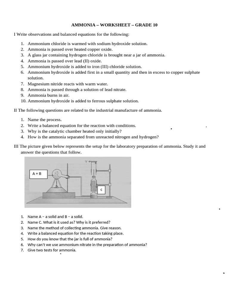 Grade 10 Ammonia Worksheet Guide | PDF