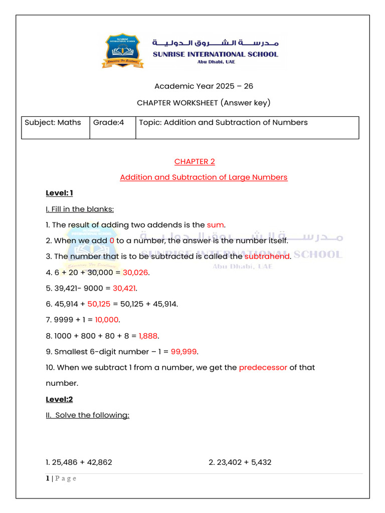 Addition and Subtraction Worksheet - Answer Key | PDF | Subtraction ...