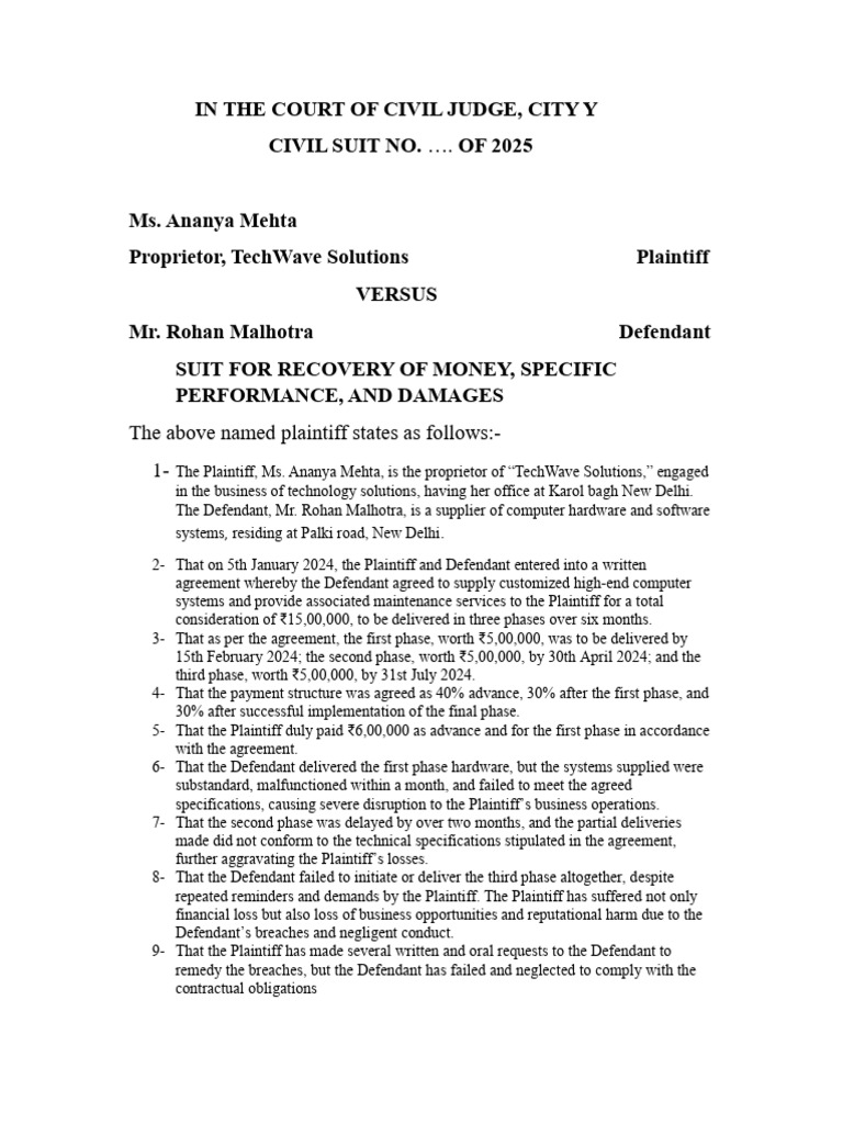Plaint draft | PDF | Damages | Negligence