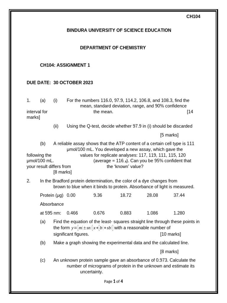 CH 104 Assignment 1 & 2 | PDF | Detection Limit | Chemistry