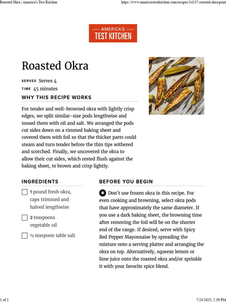 Perfect Roasted Okra Recipe | PDF | Baking | Roasting
