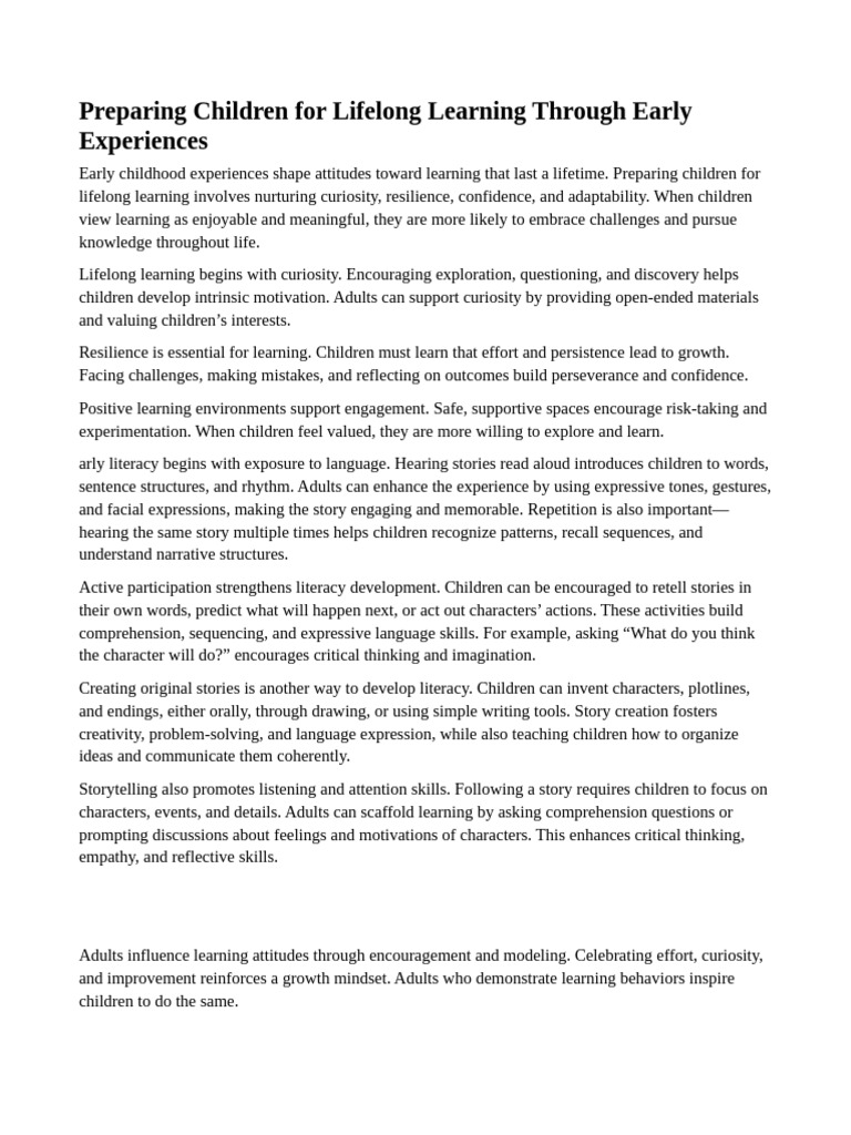 Preparing Children for Lifelong Learning Through Early Experiences ...