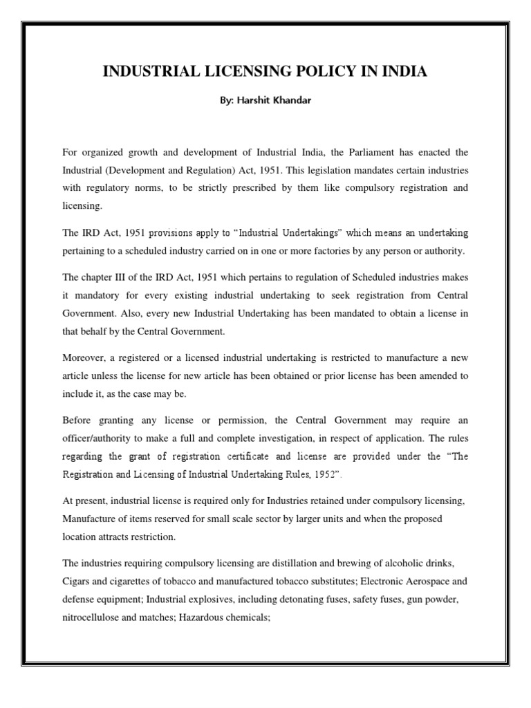 Industrial Licensing Policy in India | PDF | License | Government Of India