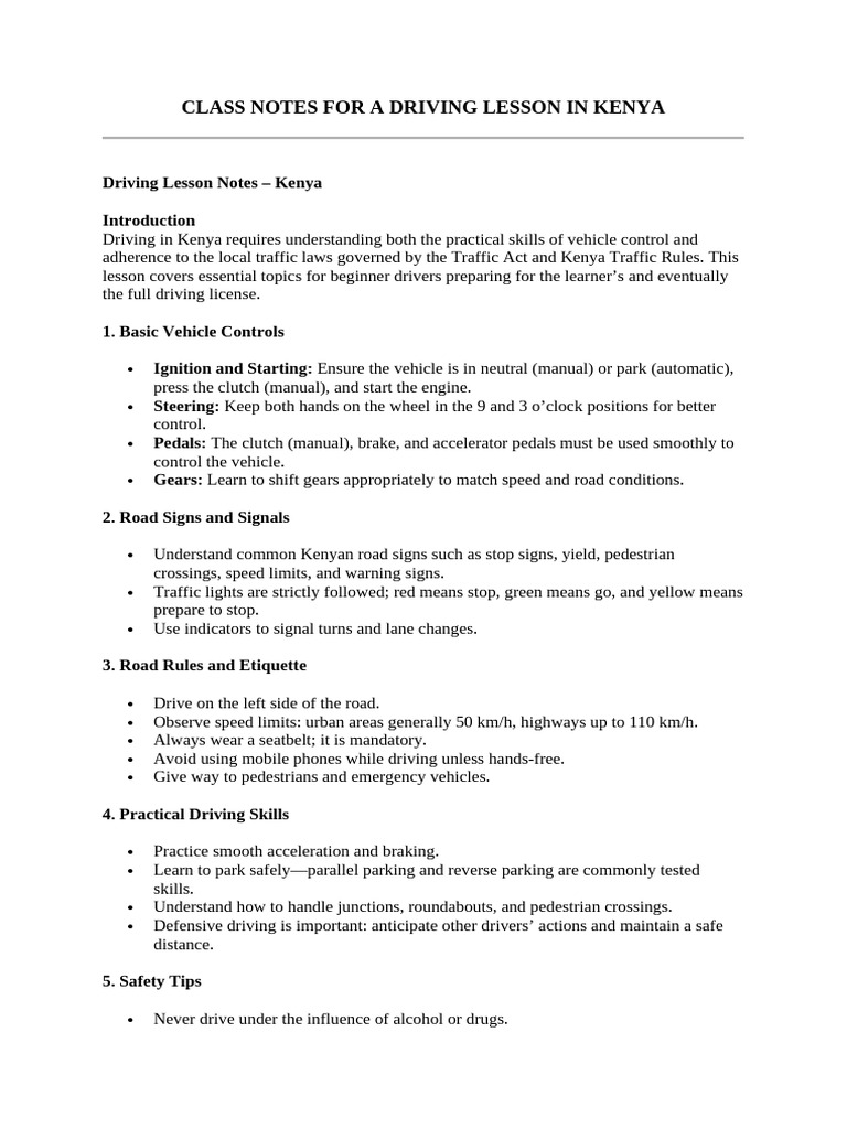 Class Notes For A Driving Lesson in Kenya | PDF