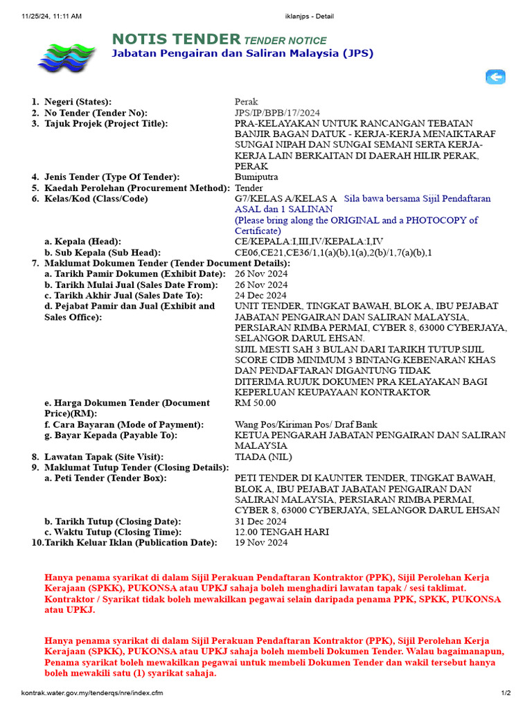 Notis Tender: Jabatan Pengairan Dan Saliran Malaysia (JPS) | PDF