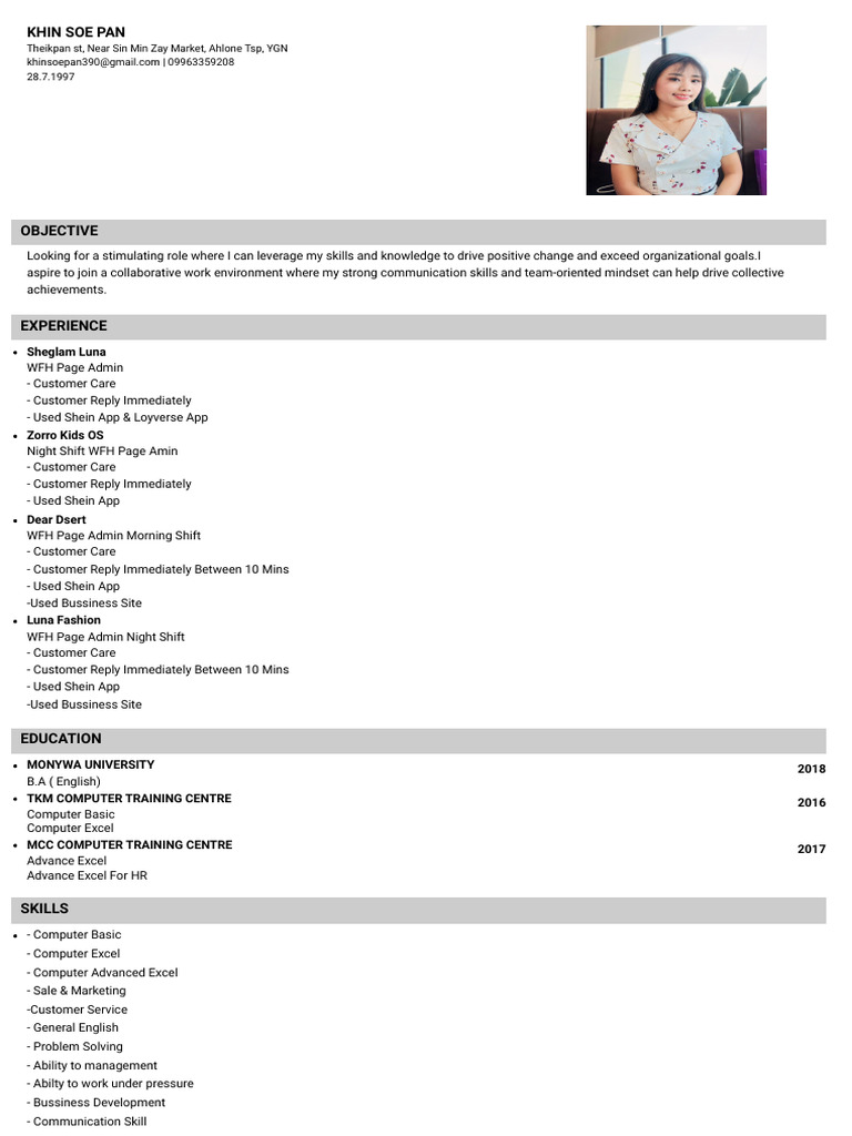 Khin Soe Pan Resume WFH | PDF