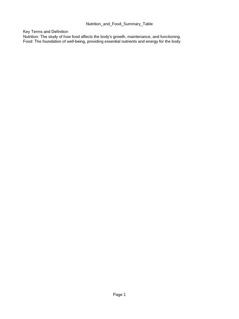 Nutrition and Food Summary Table | PDF