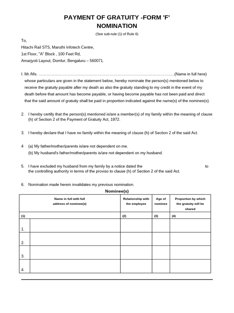Gratuity Nomination Form 'F' Guide | PDF