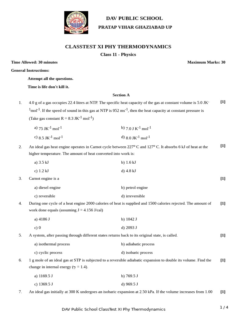 Class XI Physics Thermodynamics Test | PDF | Heat | Temperature