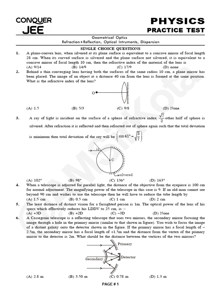 Physics Lens and Mirror Practice Questions | PDF | Optics | Light