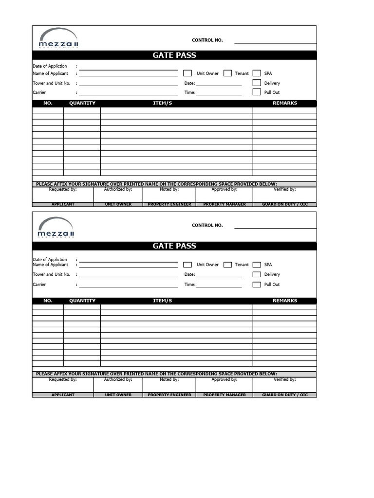 Gate Pass Application Form Template | PDF