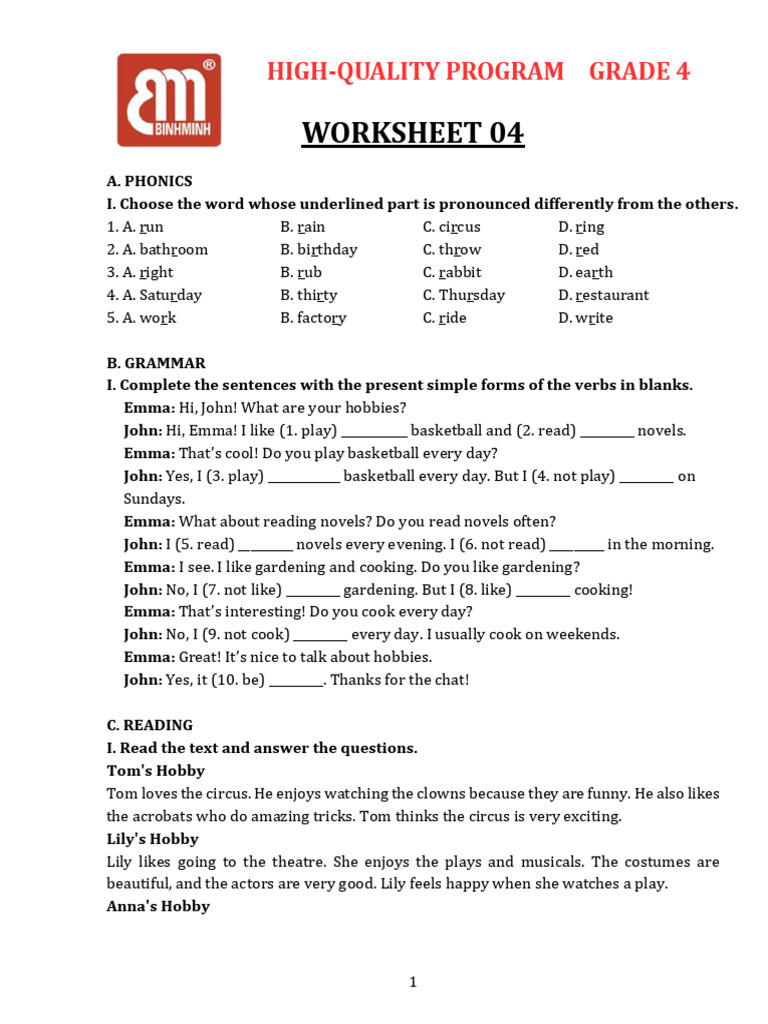 Grade 4-Worksheet 4 | PDF