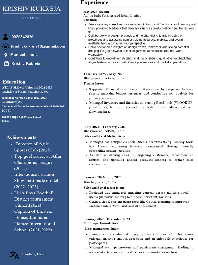Krishiv Kukreja: Social Media & Finance Intern | PDF | Fashion | Social ...